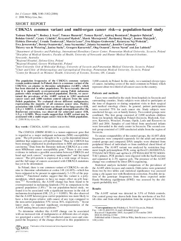 (PDF) SHORT REPORT CDKN2A common variant and multi-organ cancer risk—a ...