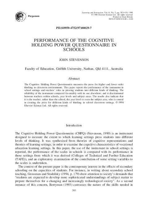 (PDF) Performance of the cognitive holding power questionnaire in schools