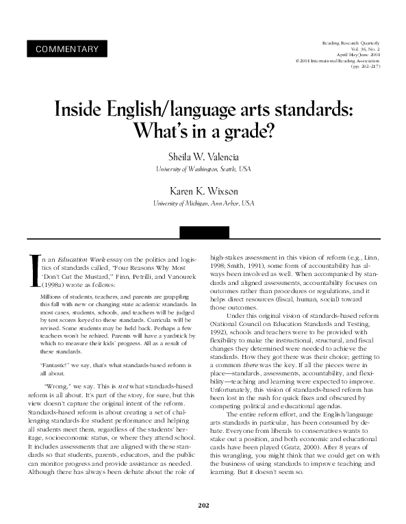 (PDF) Inside English/Language Arts Standards: What's in a Grade?