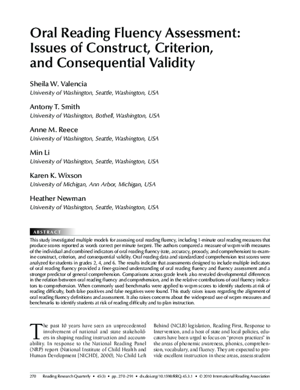 (PDF) Oral Reading Fluency Assessment: Issues of Construct, Criterion, and Consequential Validity