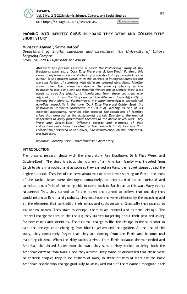 (PDF) Probing Into Identity Crisis In “Dark They Were And Golden-Eyed ...