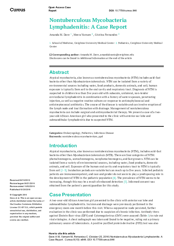 (PDF) Nontuberculous Mycobacteria Lymphadenitis: A Case Report | Amanda Krantz - Academia.edu
