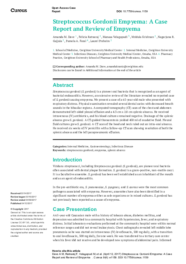 (PDF) Streptococcus Gordonii Empyema: A Case Report and Review of Empyema