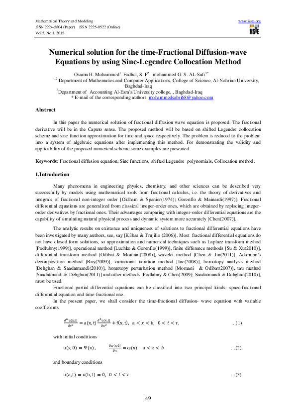 Pdf Numerical Solution For The Time Fractional Diffusion Wave