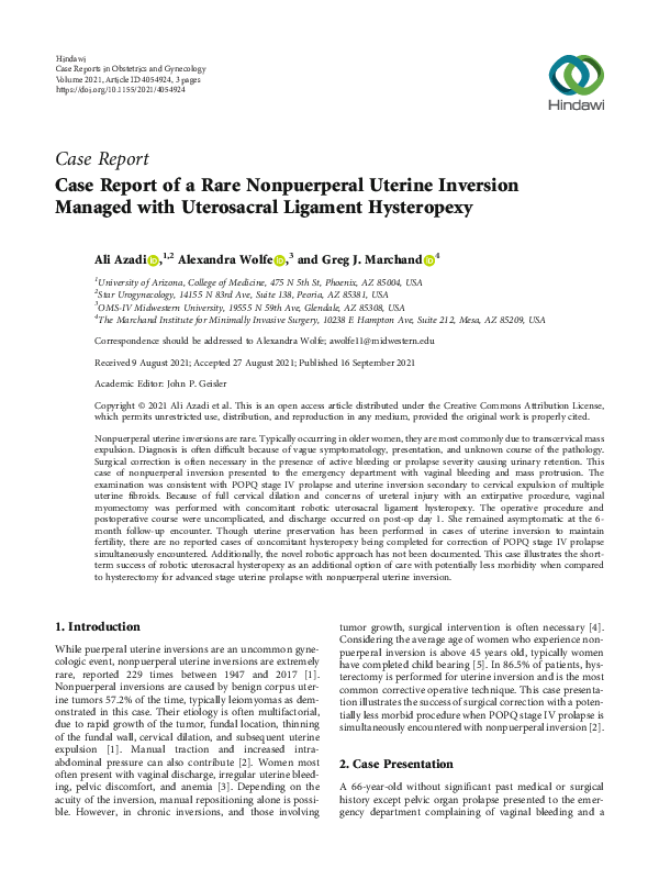 (PDF) Case Report of a Rare Nonpuerperal Uterine Inversion Managed with ...