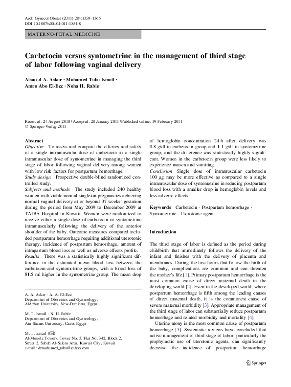 (PDF) Carbetocin versus syntometrine in the management of third stage ...