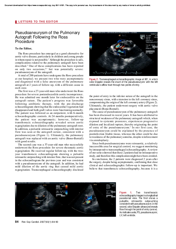 (PDF) Pseudoaneurysm of the Pulmonary Autograft Following the Ross ...