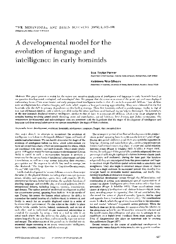 (PDF) A developmental model for the evolution of language and intelligence in early hominids