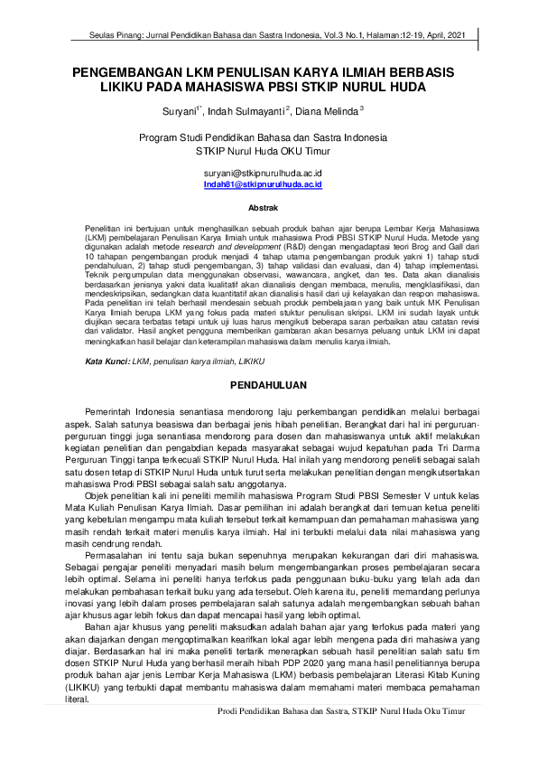 (PDF) Pengembangan LKM Penulisan Karya Ilmiah Berbasis Likiku Pada Mahasiswa Pbsi Stkip Nurul ...