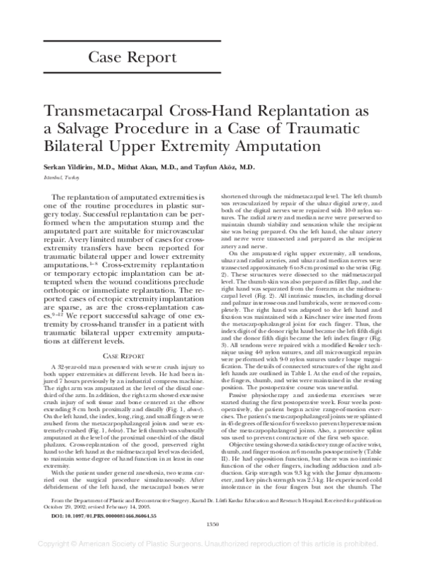 (PDF) Transmetacarpal Cross-Hand Replantation as a Salvage Procedure in ...