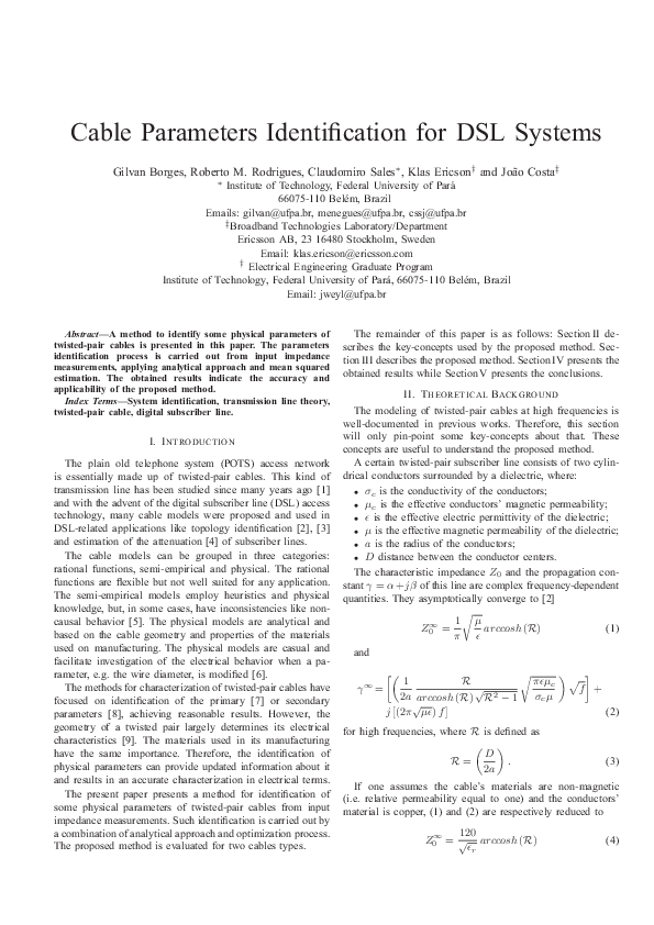 (PDF) Cable parameters identification for DSL systems