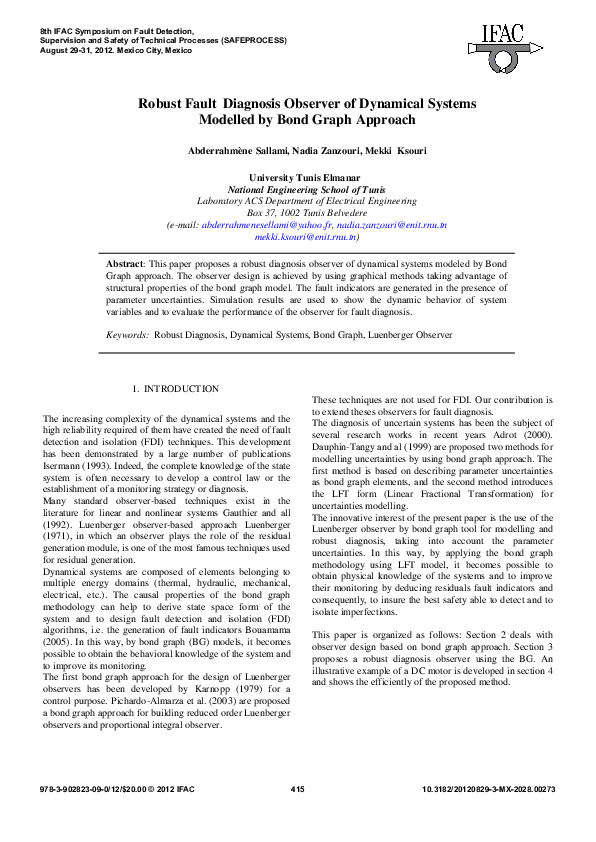 Pdf Robust Fault Diagnosis Observer Of Dynamical Systems Modelled By