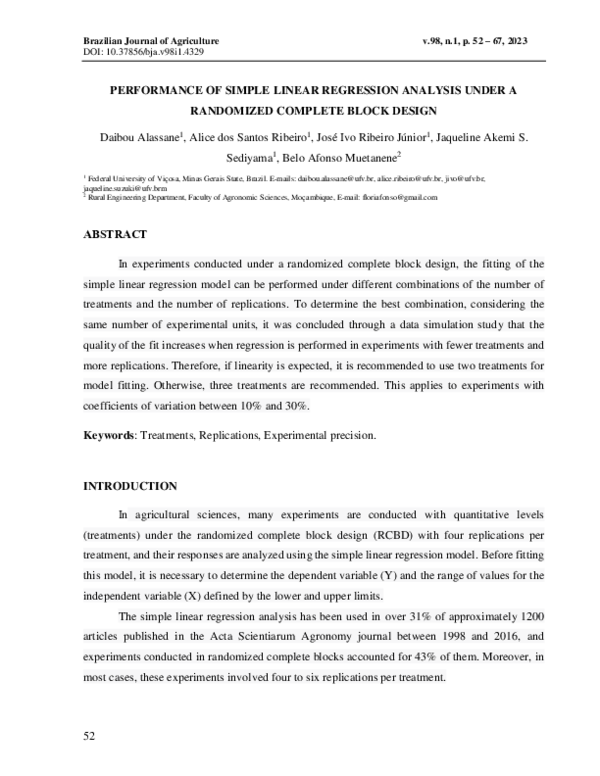 (PDF) Performance of Simple Linear Regression Analysis Under a Randomized Complete Block Design