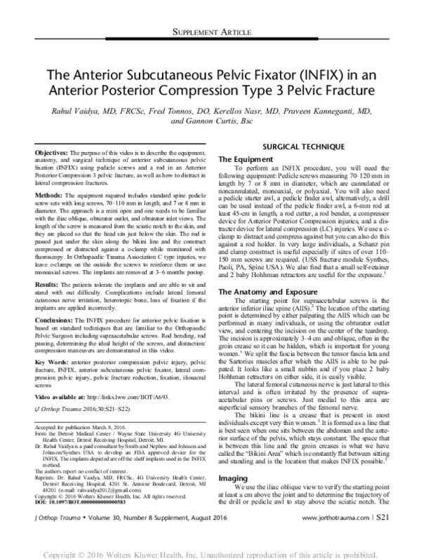 (PDF) The Anterior Subcutaneous Pelvic Fixator (INFIX) in an Anterior ...