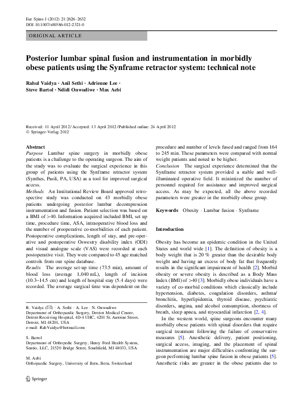 (PDF) Posterior lumbar spinal fusion and instrumentation in morbidly ...