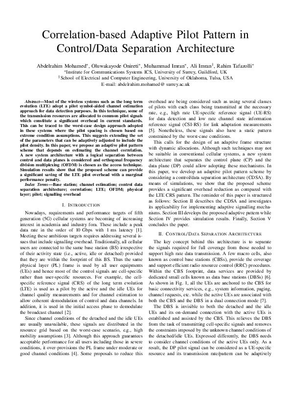 (PDF) Correlation-based adaptive pilot pattern in control/data separation architecture
