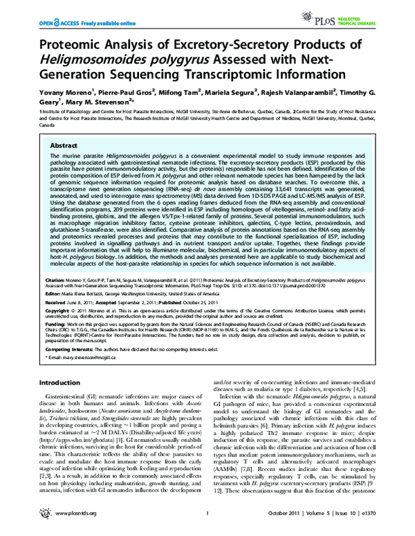 (PDF) Proteomic Analysis of Excretory-Secretory Products of Heligmosomoides polygyrus Assessed ...