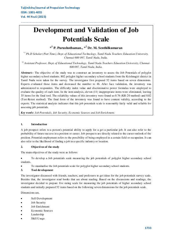 (PDF) DEVELOPMENT AND VALIDATION OF JOB POTENTIALS SCALE