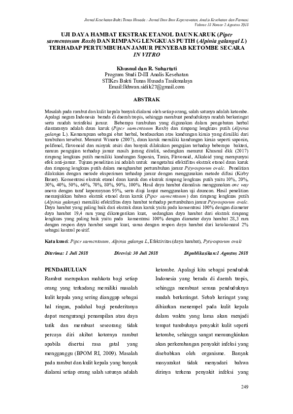 (PDF) UJI DAYA HAMBAT EKSTRAK ETANOL DAUN KARUK (Piper sarmentosum Roxb) DAN RIMPANG LENGKUAS ...