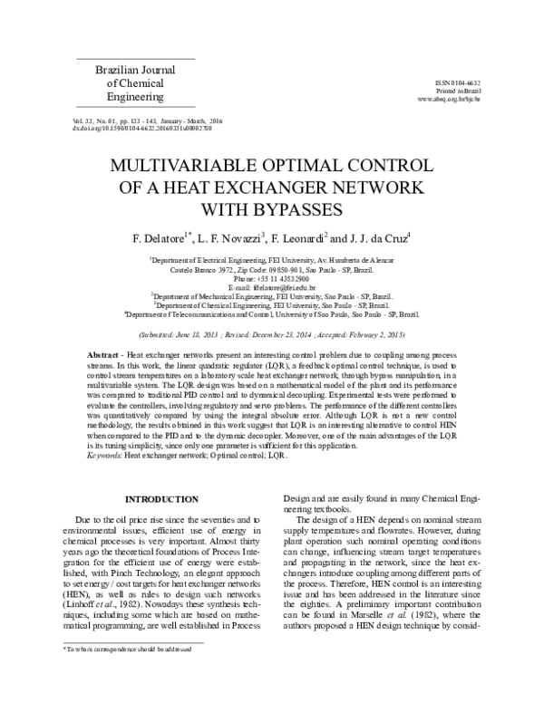 (PDF) Multivariable Optimal Control of a Heat Exchanger Network with Bypasses