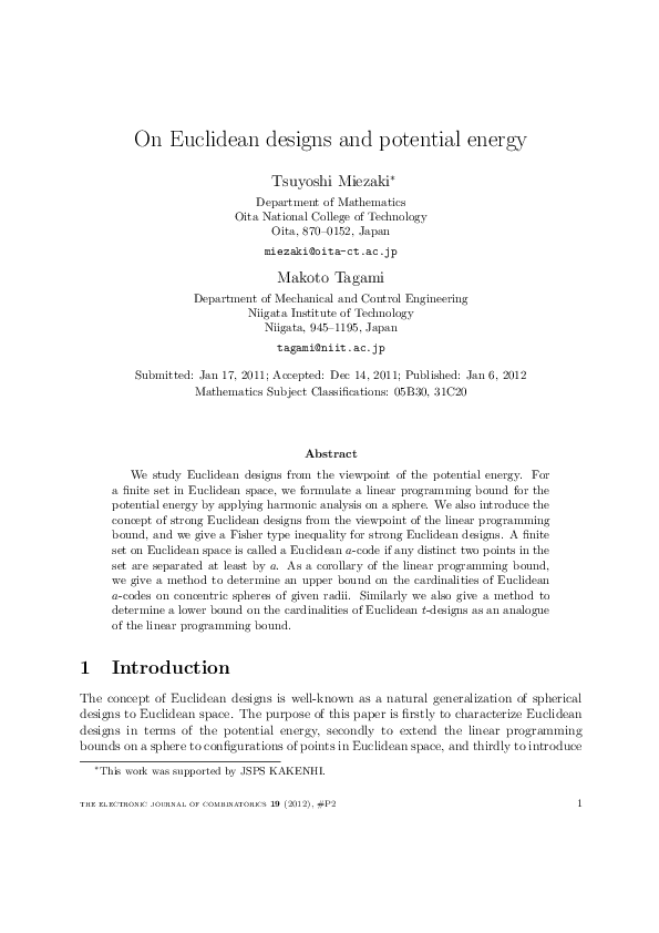 (PDF) On Euclidean Designs and Potential Energy