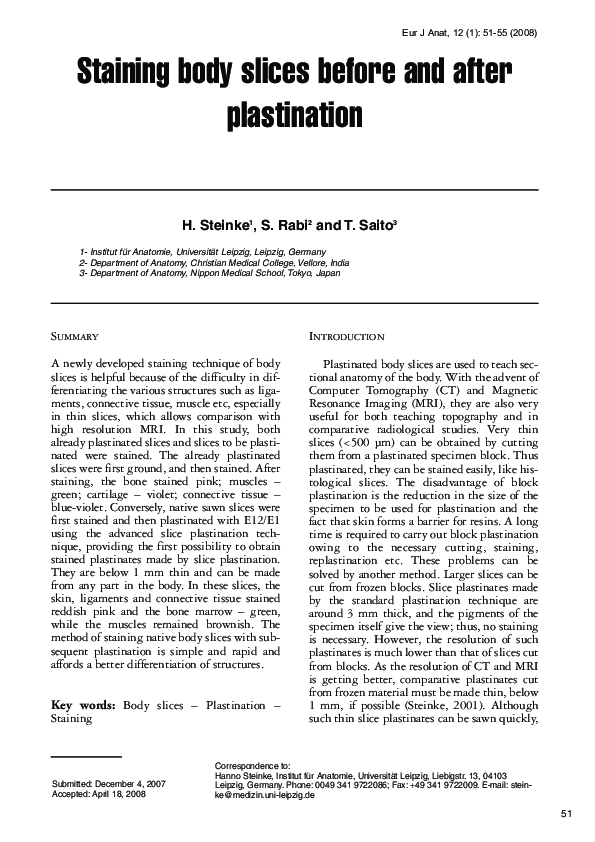 (PDF) Staining body slices before and after plastination
