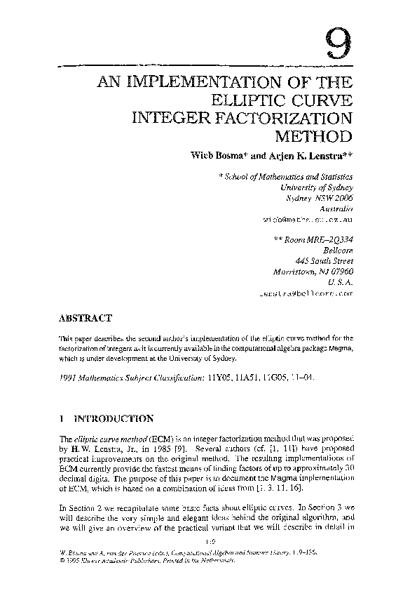 (PDF) An Implementation of the Elliptic Curve Integer Factorization Method
