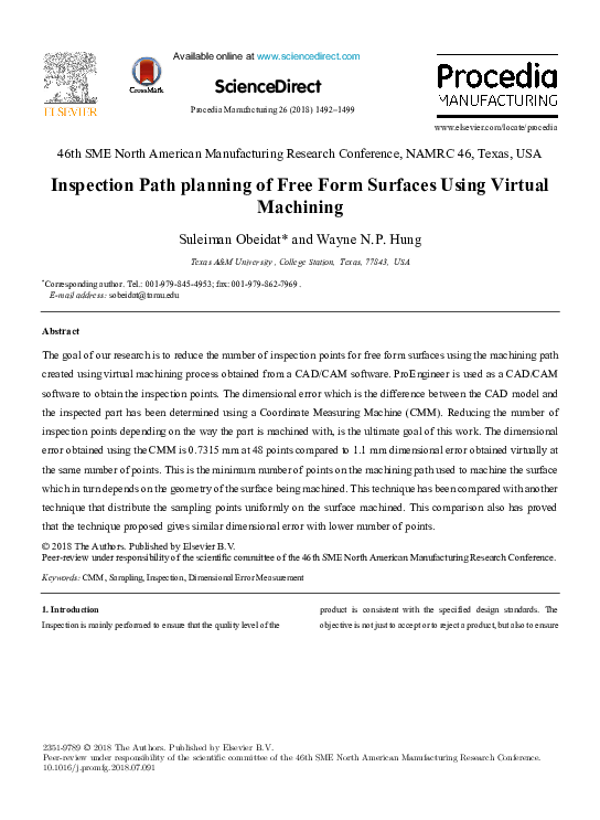 (PDF) Inspection Path planning of Free Form Surfaces Using Virtual Machining