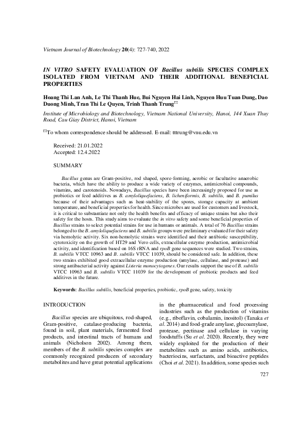 (PDF) In vitro safety evaluation of Bacillus subtilis species complex ...