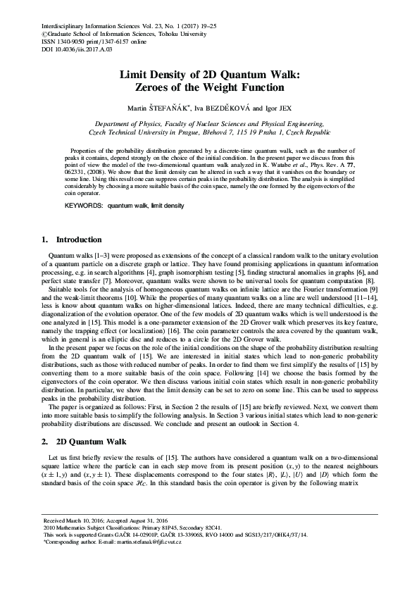 (PDF) Limit Density of 2D Quantum Walk: Zeroes of the Weight Function | Igor Jex - Academia.edu