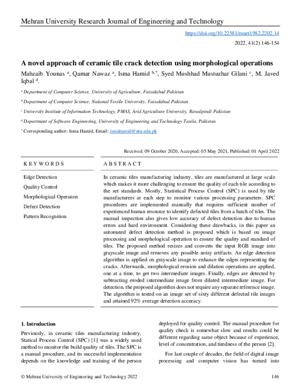 Pdf A Novel Approach Of Ceramic Tile Crack Detection Using Morphological Operations