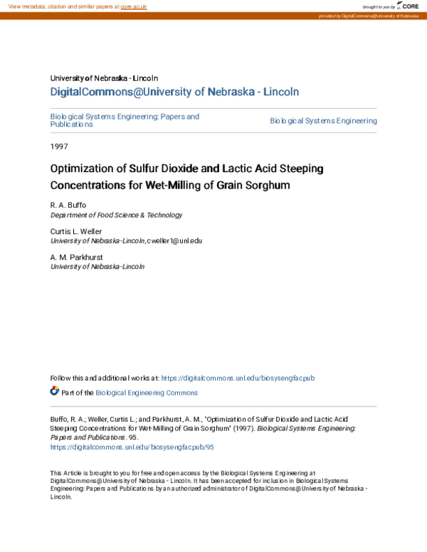 (PDF) Optimization of Sulfur Dioxide and Lactic Acid Steeping ...