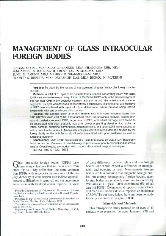 (PDF) Management of Glass Intraocular Foreign Bodies
