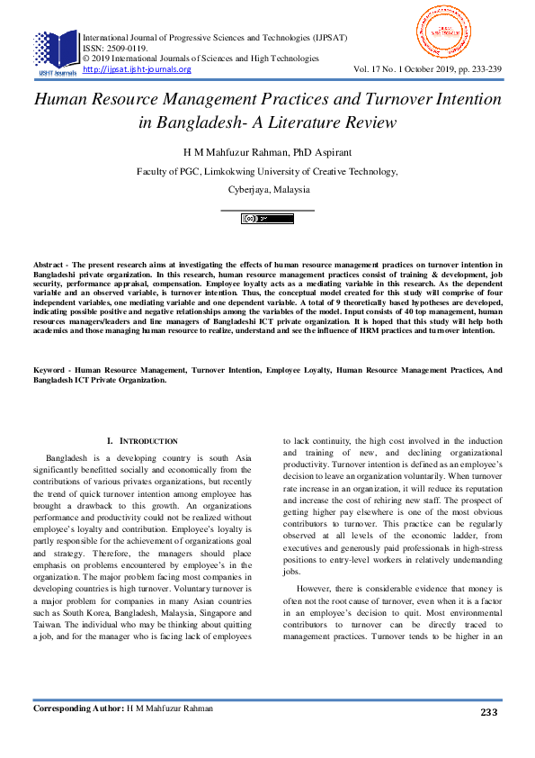 (PDF) Human Resource Management Practices and Turnover Intention in Bangladesh- A Literature Review