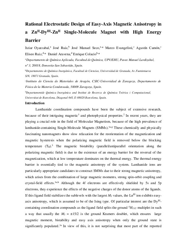 (PDF) Rational electrostatic design of easy-axis magnetic anisotropy in a Zn(II) -Dy(III) -Zn(II ...