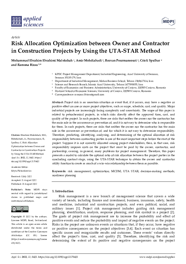 (PDF) Risk Allocation Optimization between Owner and Contractor in Construction Projects by ...