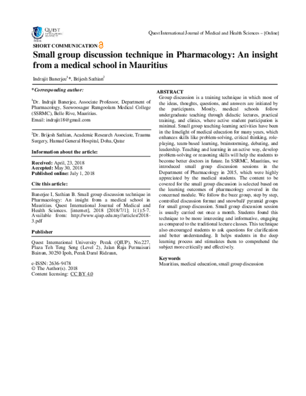 (PDF) Small group discussion technique in Pharmacology: An insight from ...