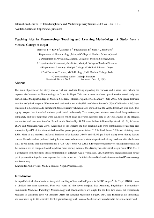 (PDF) Teaching Aids in Pharmacology Teaching and Learning Methodology: A Study from a Medical ...