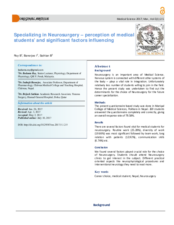 (PDF) Specializing in Neurosurgery-Perception of Medical Students' and ...