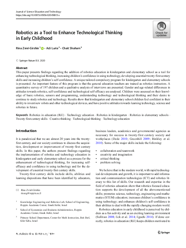 (PDF) Robotics as a Tool to Enhance Technological Thinking in Early ...