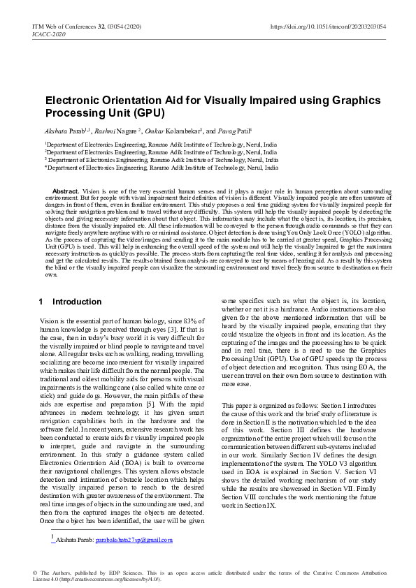 (PDF) Electronic Orientation Aid for Visually Impaired using Graphics Processing Unit (GPU)