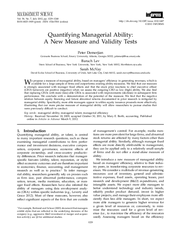 (PDF) Quantifying Managerial Ability: A New Measure and Validity Tests