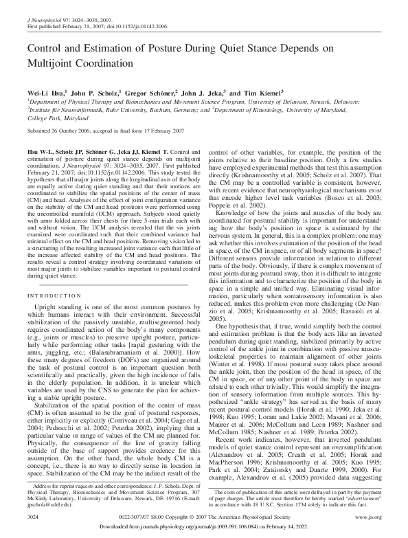 (PDF) Control and Estimation of Posture During Quiet Stance Depends on ...