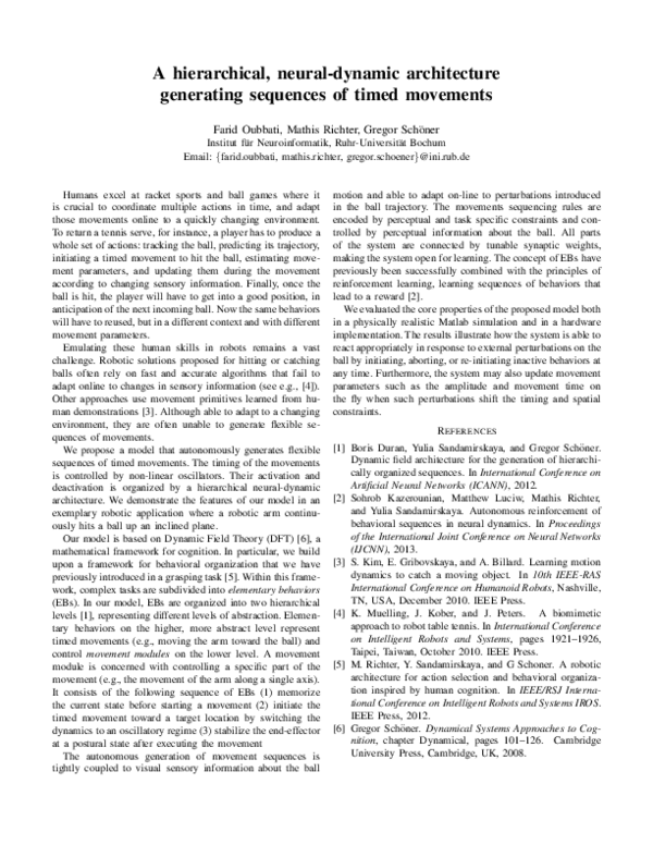 Pdf A Hierarchical Neural Dynamic Architecture Generating Sequences Of Timed Movements