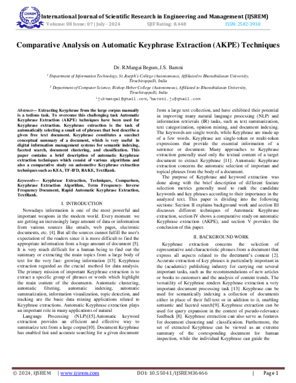 Comparative Analysis on Automatic Keyphrase Extraction (AKPE) Techniques