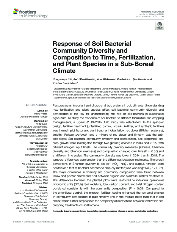 (PDF) Response of Soil Bacterial Community Diversity and Composition to Time, Fertilization, and ...