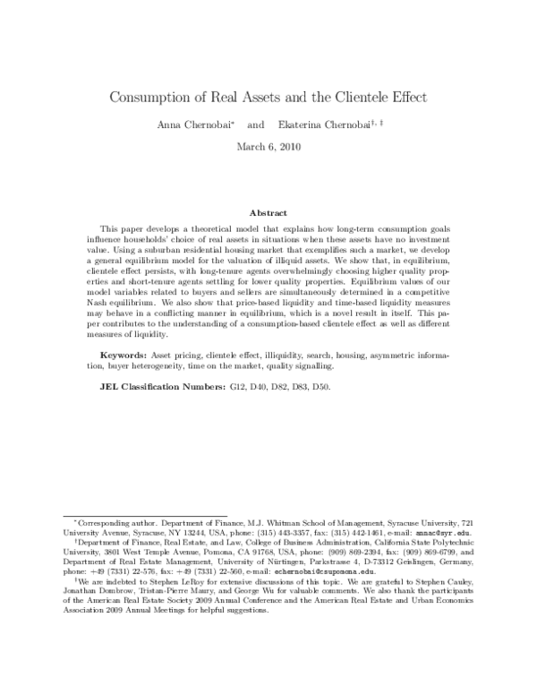 (PDF) Consumption of Real Assets and the Clientele Effect