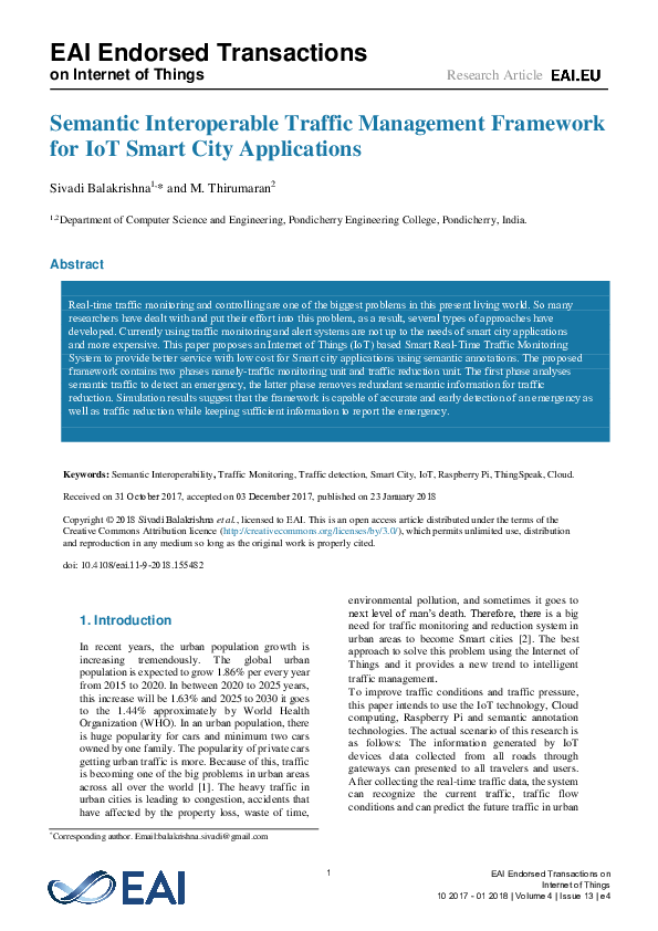 (PDF) Semantic Interoperable Traffic Management Framework for IoT Smart City Applications