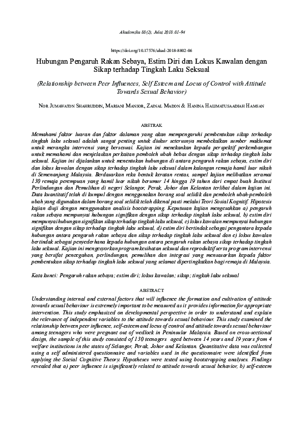 (PDF) Hubungan Pengaruh Rakan Sebaya, Estim Diri dan Lokus Kawalan dengan Sikap terhadap Tingkah ...