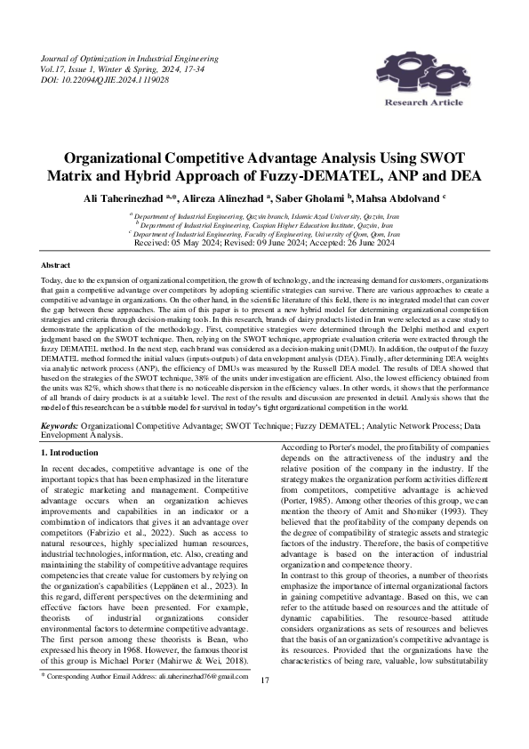(PDF) Organizational Competitive Advantage Analysis using SWOT Matrix and Hybrid Approach of ...